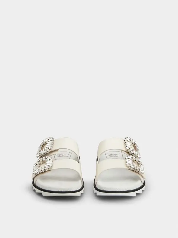 ROGER VIVIER Slidy Viv Mules In Leather With Crystal Buckles - Off White