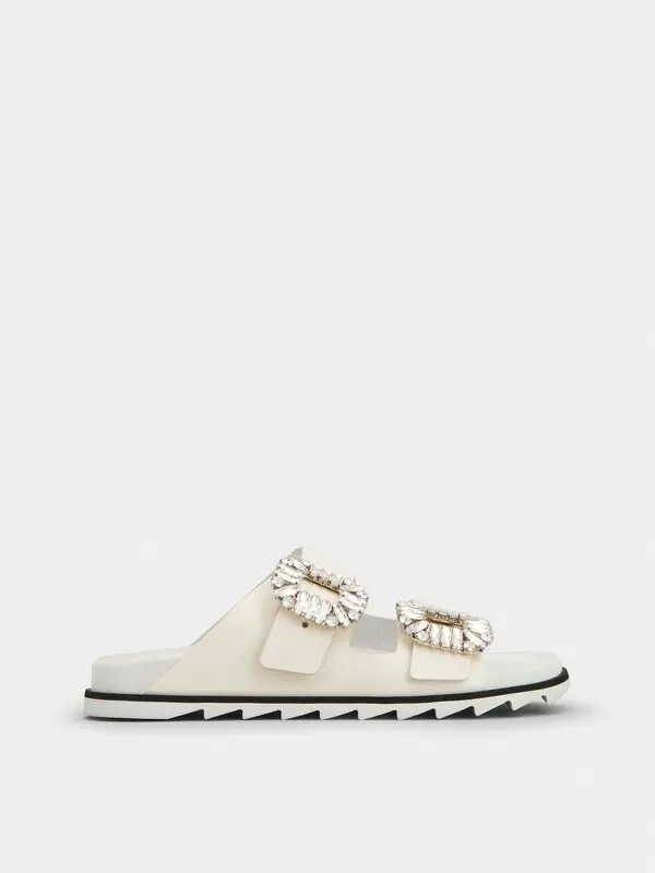 ROGER VIVIER Slidy Viv Mules In Leather With Crystal Buckles - Off White