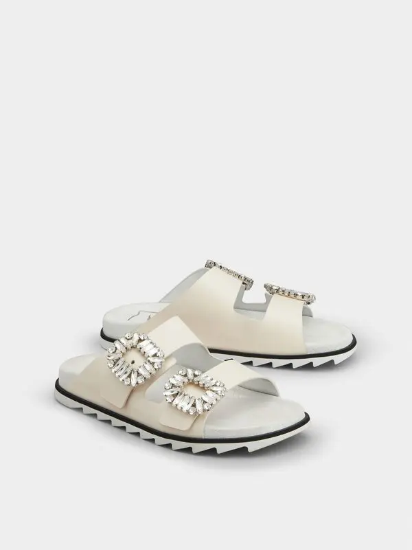 ROGER VIVIER Slidy Viv Mules In Leather With Crystal Buckles - Off White