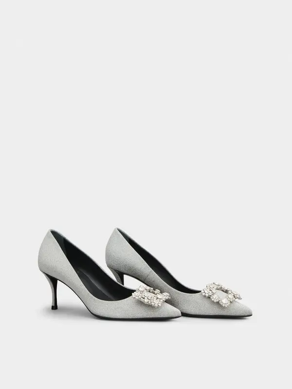 ROGER VIVIER Efflorescence Glitter Pumps With Crystal Buckle - Silver