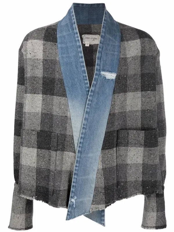 GREG LAUREN Denim-trim Checked Shacket - Grey
