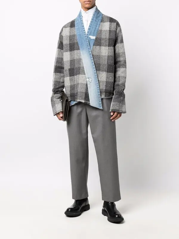 GREG LAUREN Denim-trim Checked Shacket - Grey