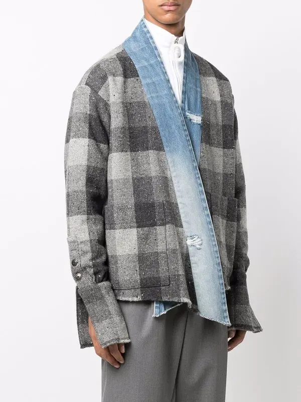 GREG LAUREN Denim-trim Checked Shacket - Grey