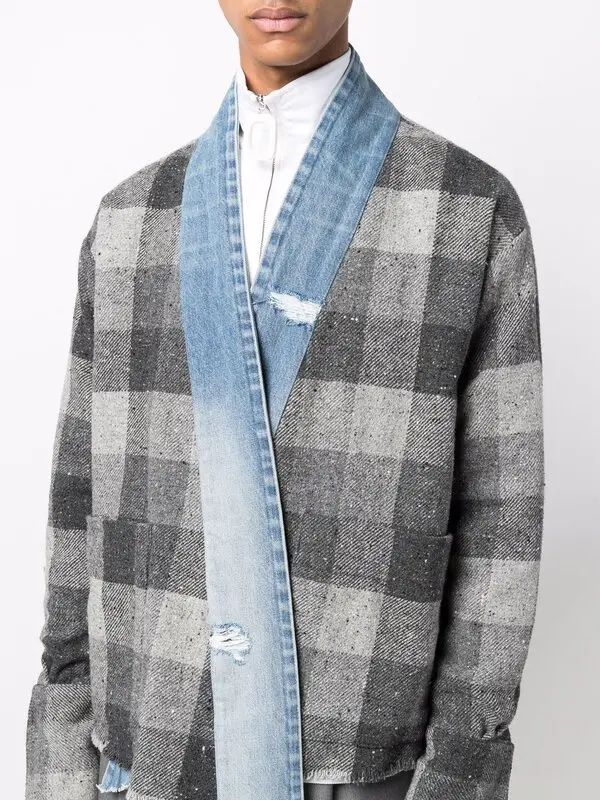 GREG LAUREN Denim-trim Checked Shacket - Grey
