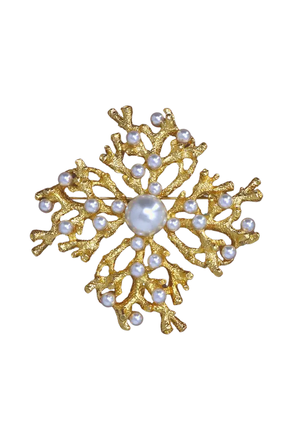KENNETH JAY LANE Satin & Pearls Branch Pin - Gold