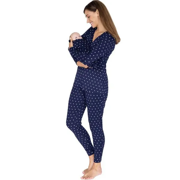 ANGEL MATERNITY Polka Dot Maternity/nursing Pajamas & Baby Pouch Set - Navy