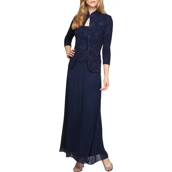 Alex Evenings Two-piece Jacquard Gown With Jacket - Navy