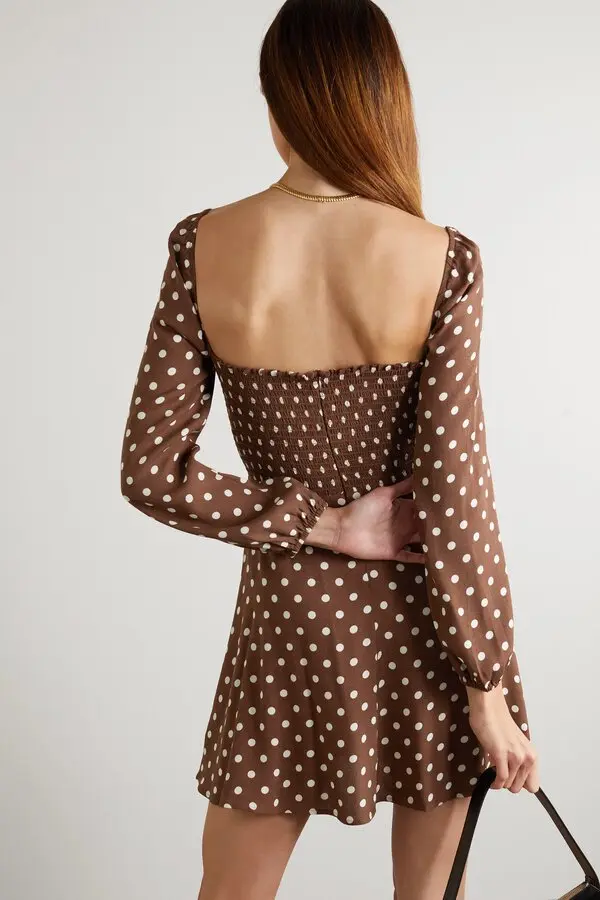 reformation brown polka dot dress Reformation Polka Dot Antonella Mini Dress in brown