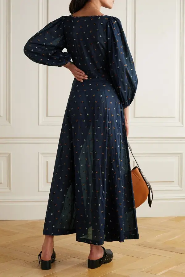 DEn Net Sustain Carolina Embroidered Organic Cotton-Voile Maxi Dress In  Blue - 50% Off | Editorialist