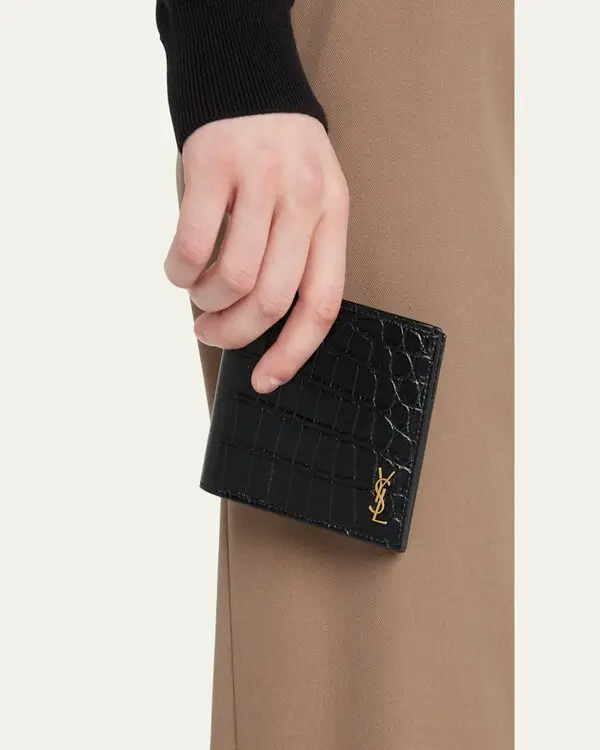 Saint Laurent Croc-embossed Bi-fold Wallet - Nero