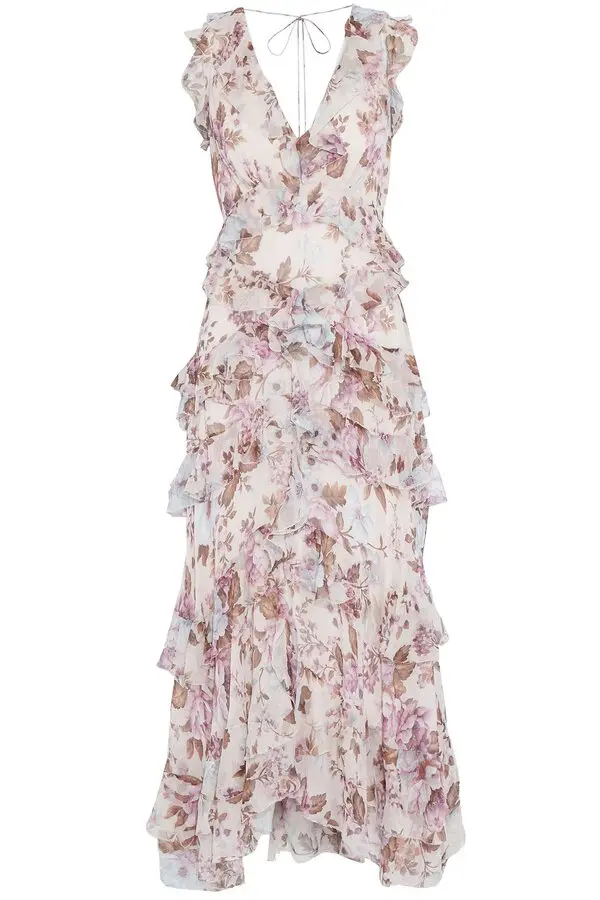 Zimmermann Charm Flutter Tiered Floral-Print Silk-Georgette Midi Dress Size  In Baby Pink - 50% Off | Editorialist