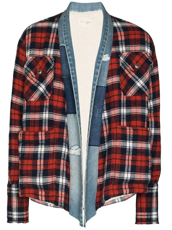 GREG LAUREN Plaid Flannel And Denim Cardigan - Blue