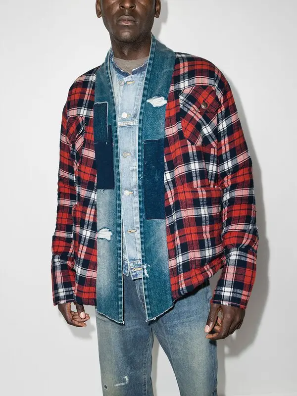 GREG LAUREN Plaid Flannel And Denim Cardigan - Blue