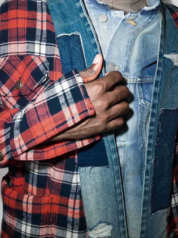 GREG LAUREN Plaid Flannel And Denim Cardigan - Blue