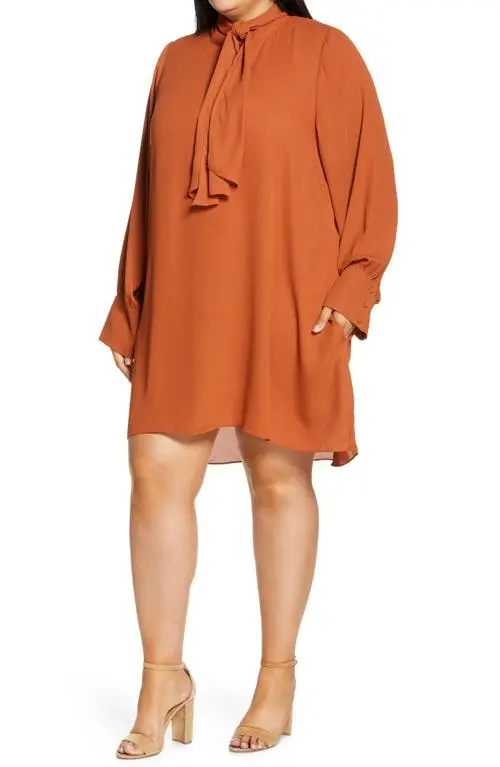 City Chic Bow Neck Shift Dress - Caramel