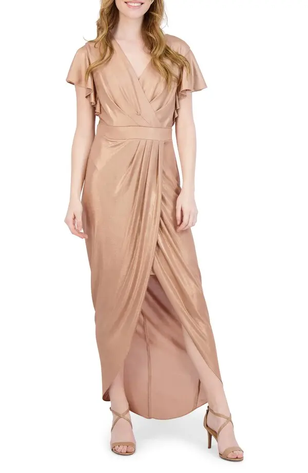 Donna Ricco Ruffle Sleeve Tulip Hem Maxi Dress - Gold | Editorialist