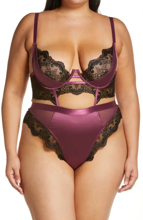 OH LA LA CHERI Cadence Strappy Eyelash Lace & Satin Underwire Teddy - Italian Plum/black