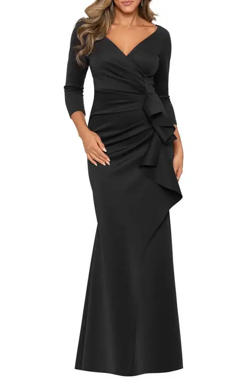 XSCAPE EVENINGS Ruched Scuba Knit Ruffle Gown - Black