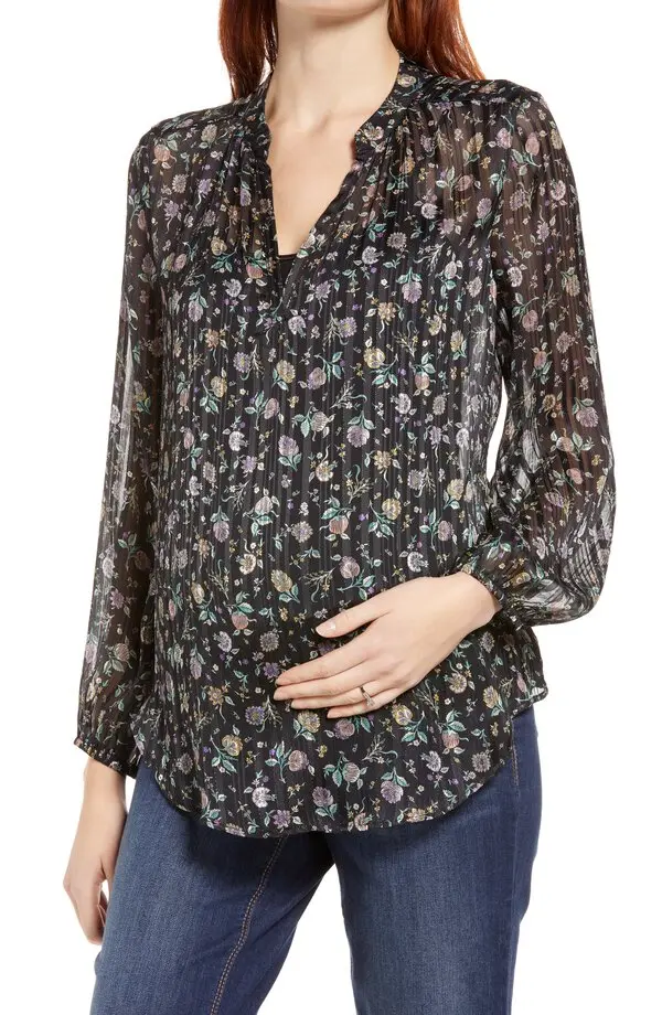 MATERNAL AMERICA Mandarin Collar Maternity Blouse - Black Tea Floral Print