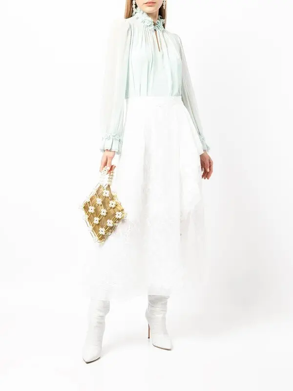Shiatzy Chen Mulberry Silk Frilled High Neck Blouse - Blue