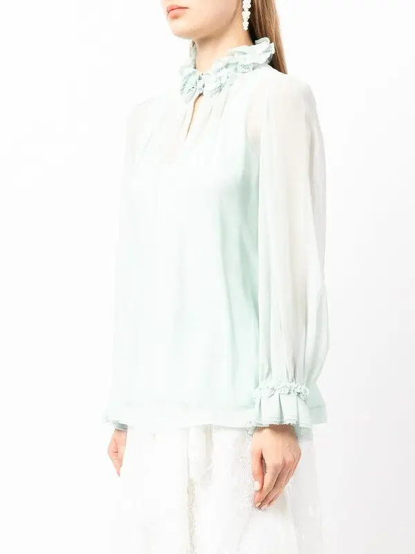 Shiatzy Chen Mulberry Silk Frilled High Neck Blouse - Blue