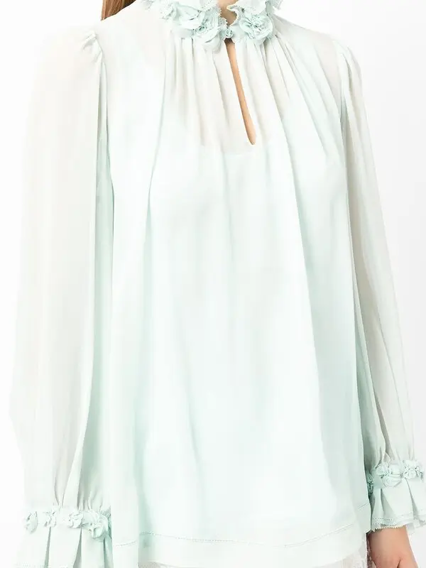 Shiatzy Chen Mulberry Silk Frilled High Neck Blouse - Blue