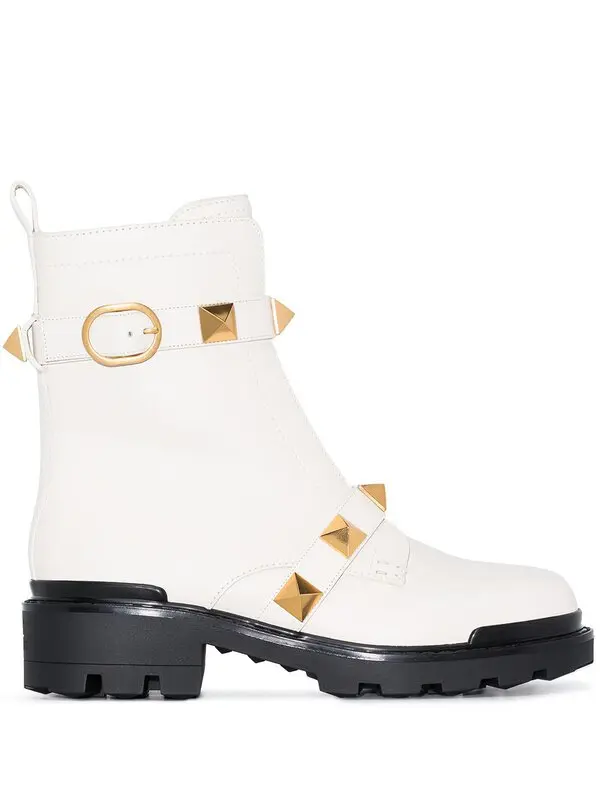 Valentino Garavani Roman Stud Calfskin Combat Boots - White