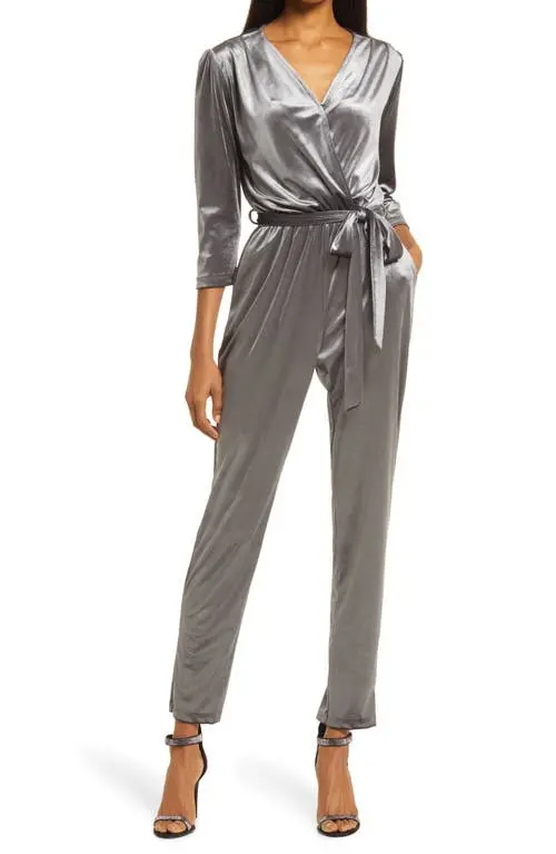 Fraiche By J Velvet Tie Waist Jumpsuit - Charcoal