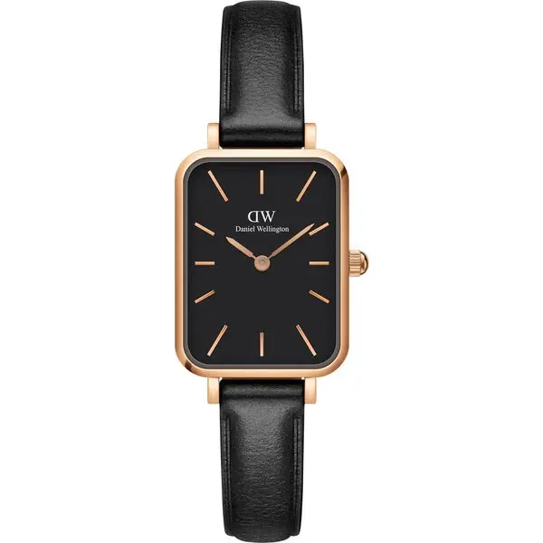 DANIEL WELLINGTON Quadro Sheffield Leather Strap Watch - Rose Gold/black