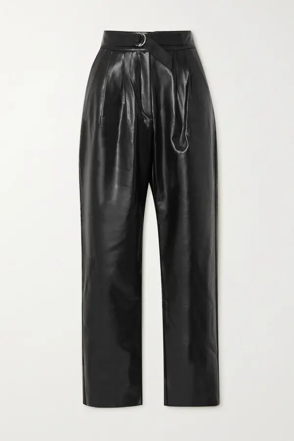 CAES Belted Pleated Faux Leather Straight-leg Pants