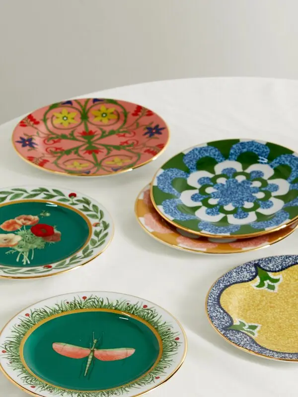 La DoubleJ Set Of Six Gold-plated Porcelain Dessert Plates - Green