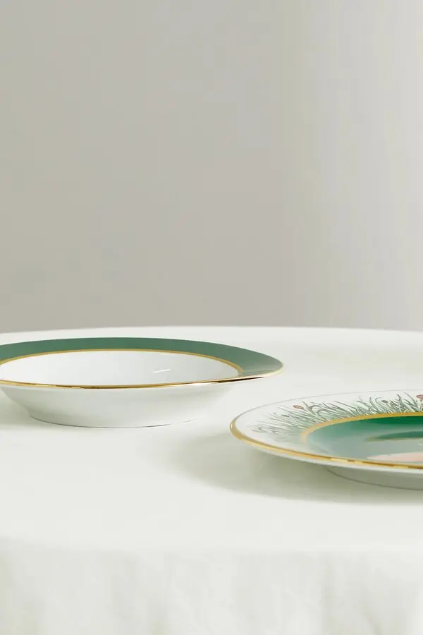 La DoubleJ Gold-plated Porcelain Soup Bowl And Dinner Plate Set - Green