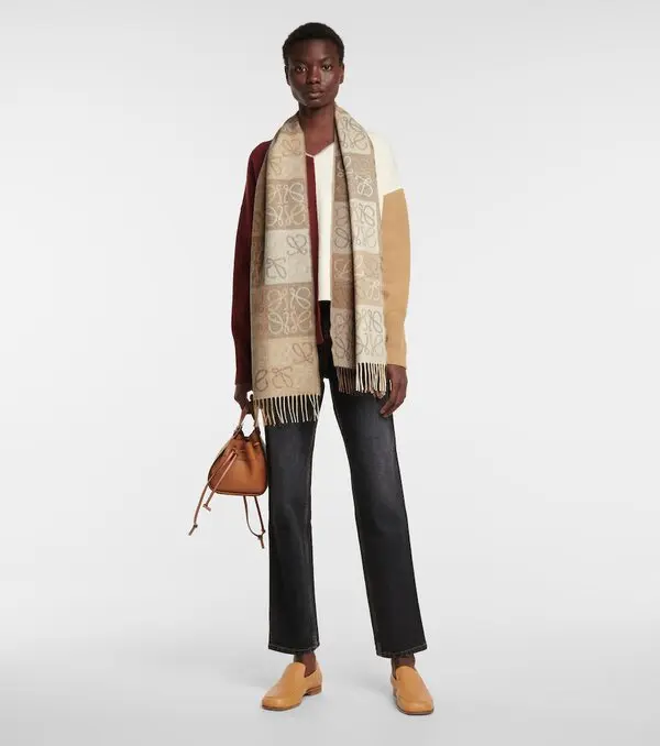 Loewe Anagram Wool And Cashmere Scarf - Beige