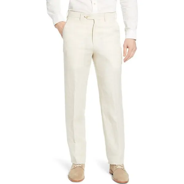 Berle Flat Front Linen Trousers - Cream
