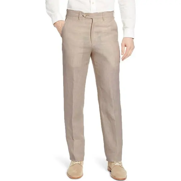 Berle Flat Front Linen Trousers - Natural