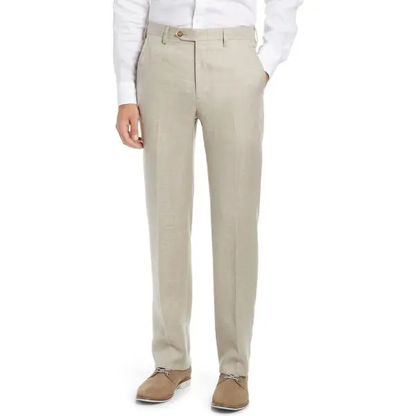 Berle Flat Front Linen Trousers - Tan