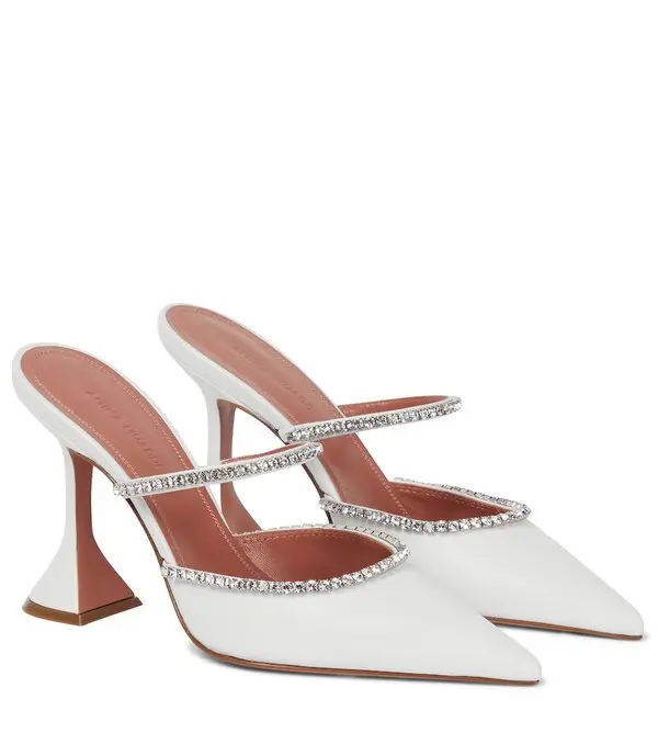Amina Muaddi Gilda Embellished Leather Mules - White