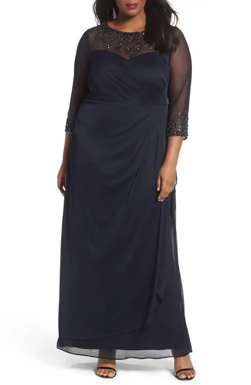 Alex Evenings Beaded Illusion Neck A-line Gown