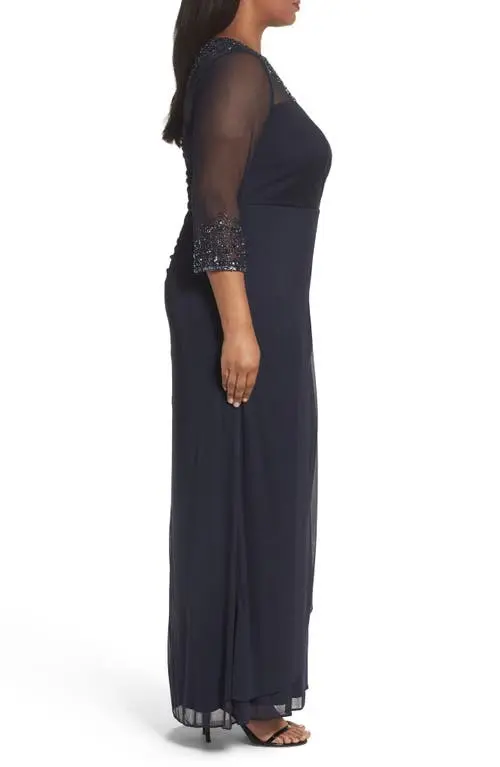 Alex Evenings Beaded Illusion Neck A-line Gown