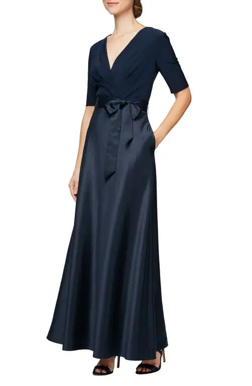 Alex Evenings Surplice Neckline Satin Gown - Navy