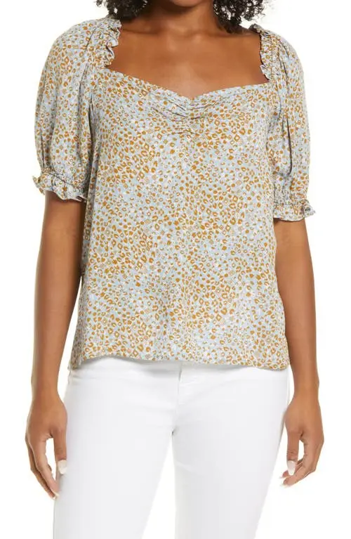 GIBSONLOOK Puff Sleeve Blouse - Blue Tan Absract Print