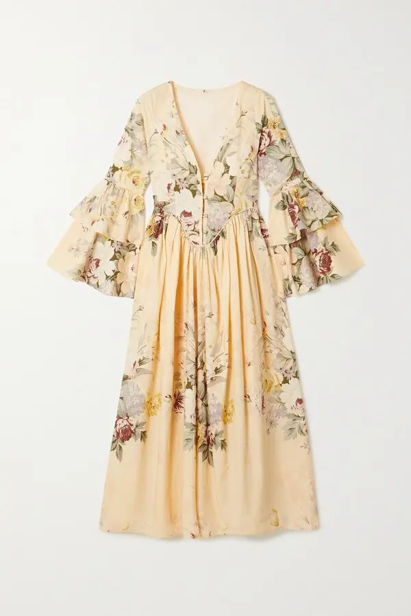 Batsheva Laura Ashley Bryer Gathered Floral-Print Cotton-Poplin Midi Dress  In Cream - 30% Off | Editorialist