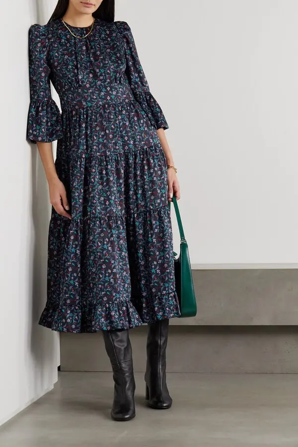 Cefinn Cordelia Tiered Floral-Print Recycled Twill Midi Dress In Blue - 50%  Off | Editorialist