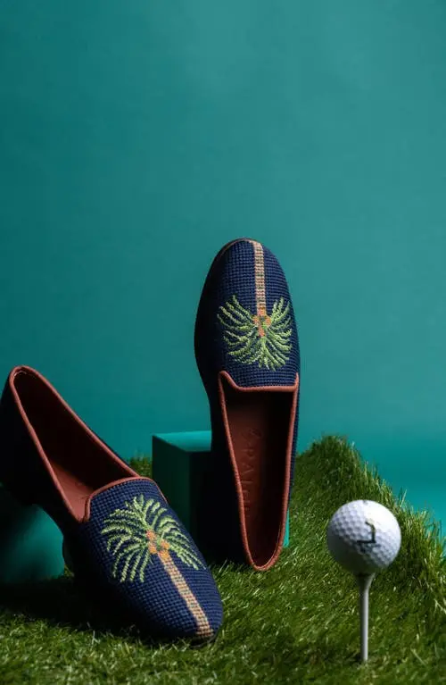 BYPAIGE By Paige Needlepoint Palm Tree Flat - Navy