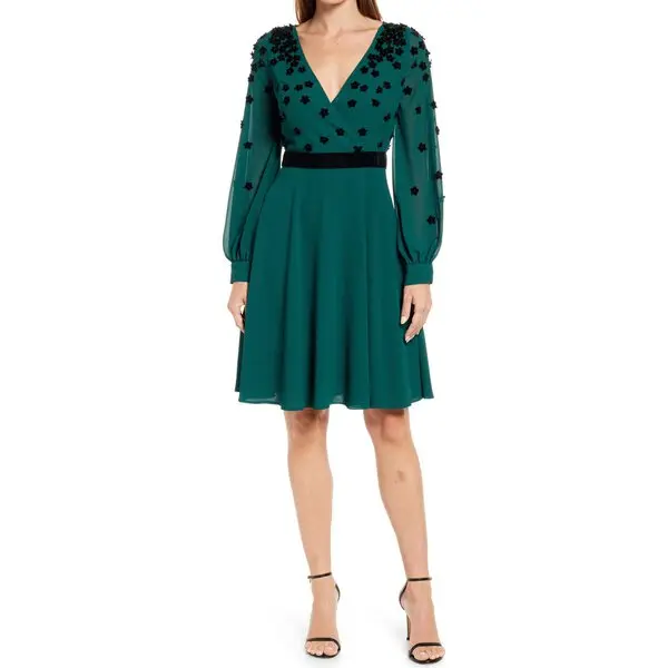 white christmas dresses Green Fit and Flare Dress Short Sleeve Ruched main image 1
