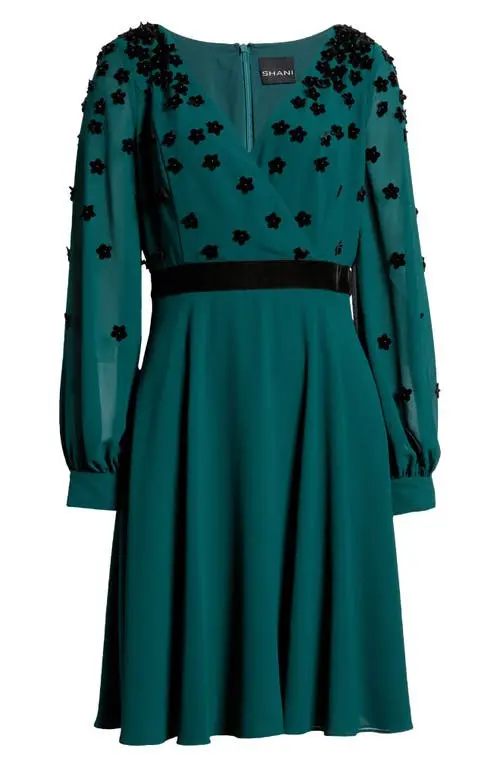 green emerald velvet dress Black Floral Fit & Flare Georgette Dress – Square Neck – Puff Sleeves –  Fabforever main image 0