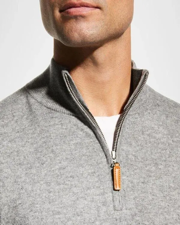 Neiman Marcus Wool-cashmere Quarter-zip Sweater - Light Grey