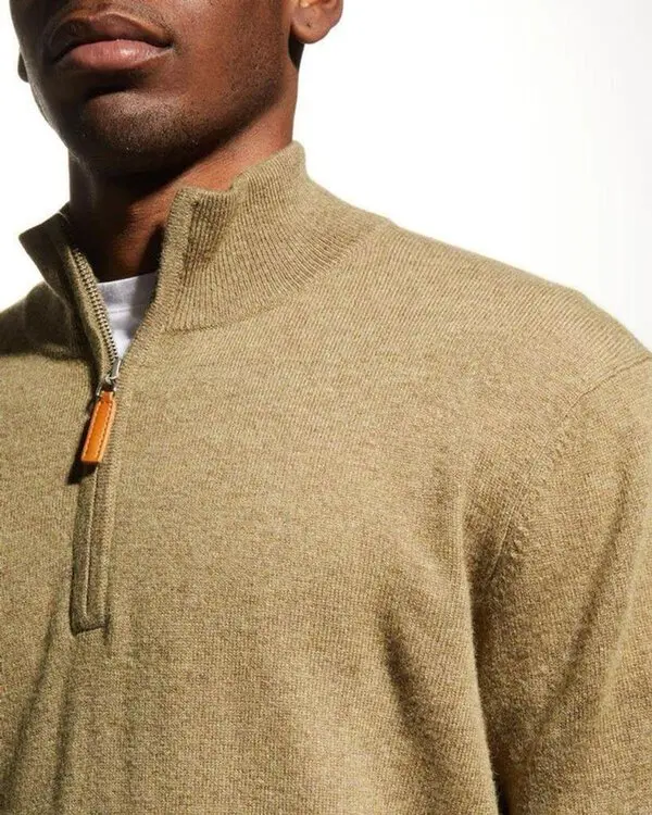 Neiman Marcus Wool-cashmere Quarter-zip Sweater - Light Olive