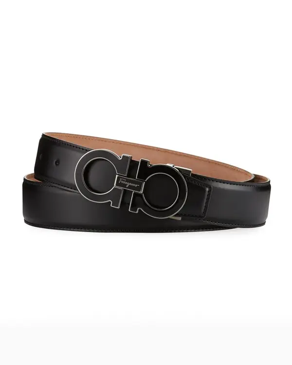FERRAGAMO Enamel Double Gancini Belt - Black