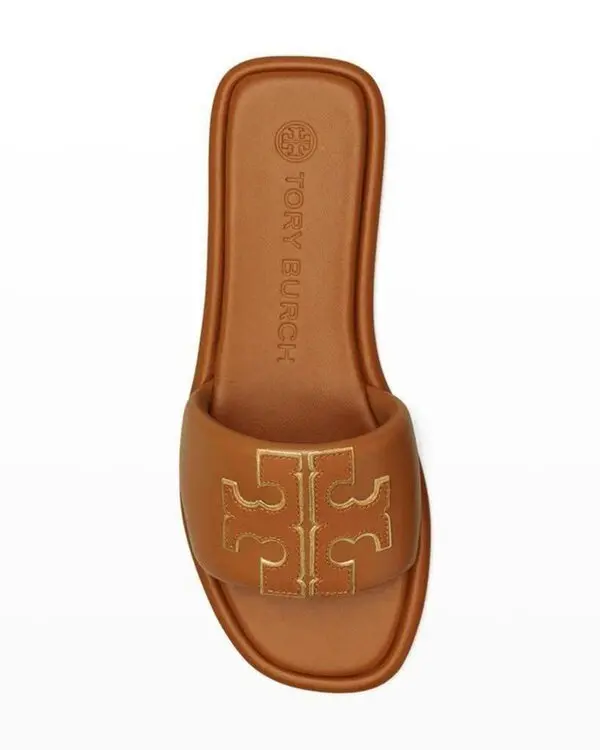 Tory Burch Double T Leather Medallion Slide Sandals - Bourbon/gold